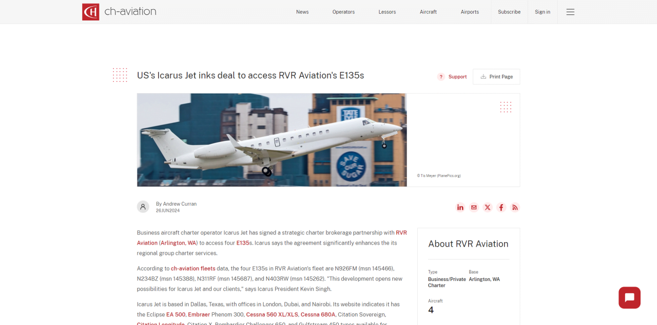 US's Icarus Jet inks deal to access RVR Aviation's E135s